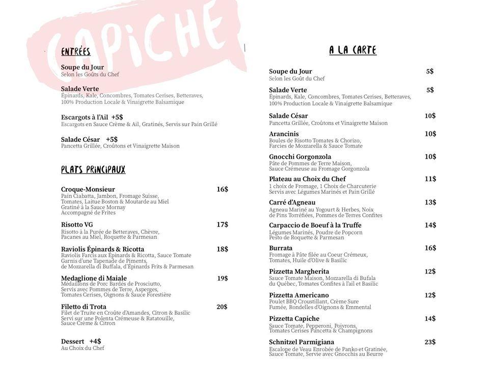 Menu au Restaurant Capiche, Drummondville
