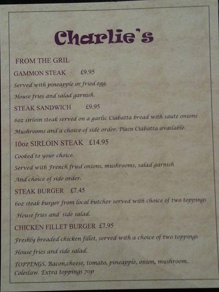 Menu at Charlie's restaurant, Kilkeel