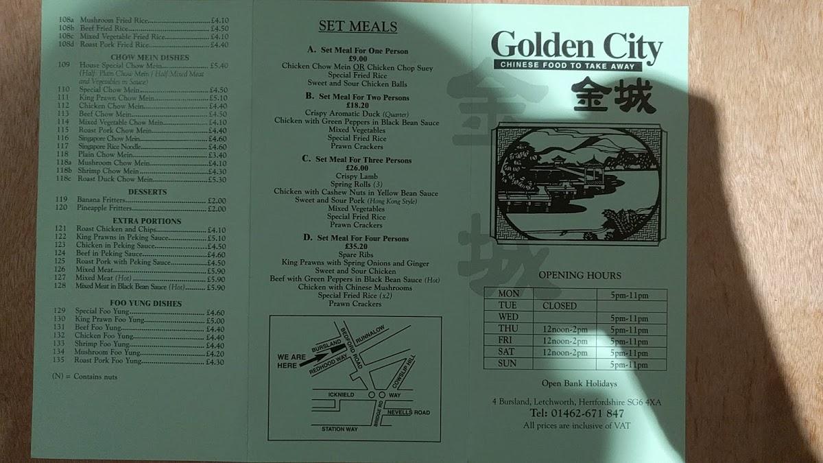 Menu at Golden City restaurant, Letchworth Garden City