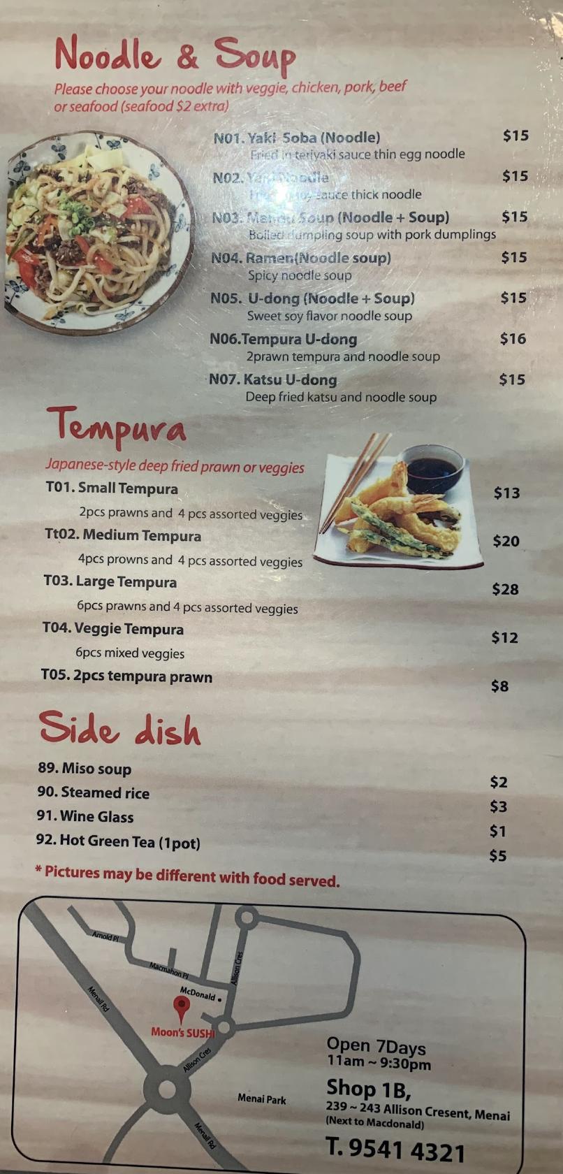 Menu at Moon's Sushi restaurant, Menai