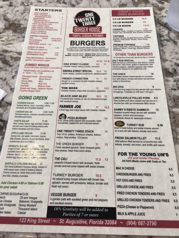 Menu at One Twenty Three Burger House restaurant, St. Augustine