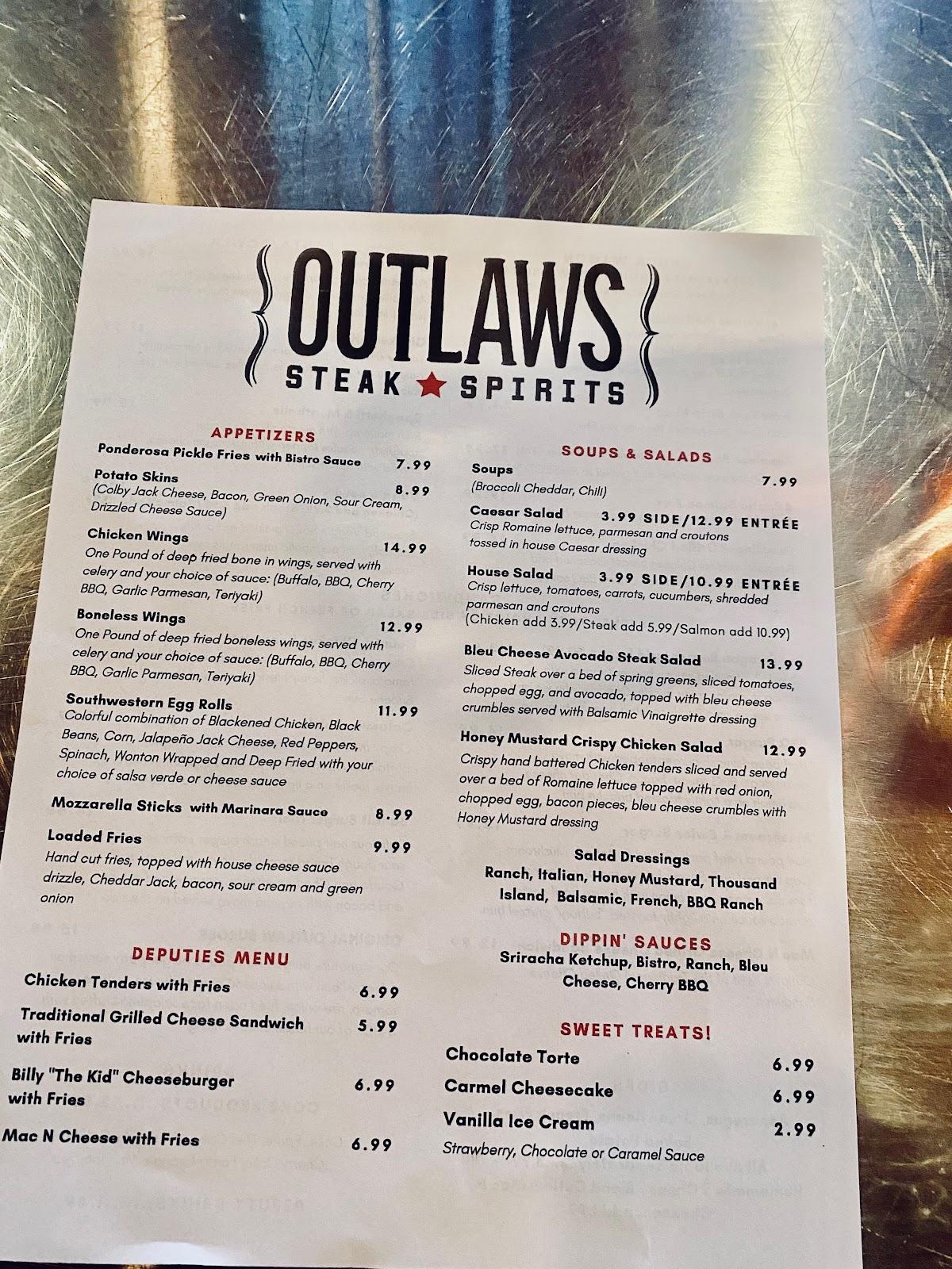 Menu at Outlaws Steaks Burgers Brews steakhouse, Noblesville