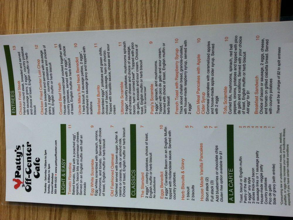 Menu at Patty's Off-Center Cafe, Salem