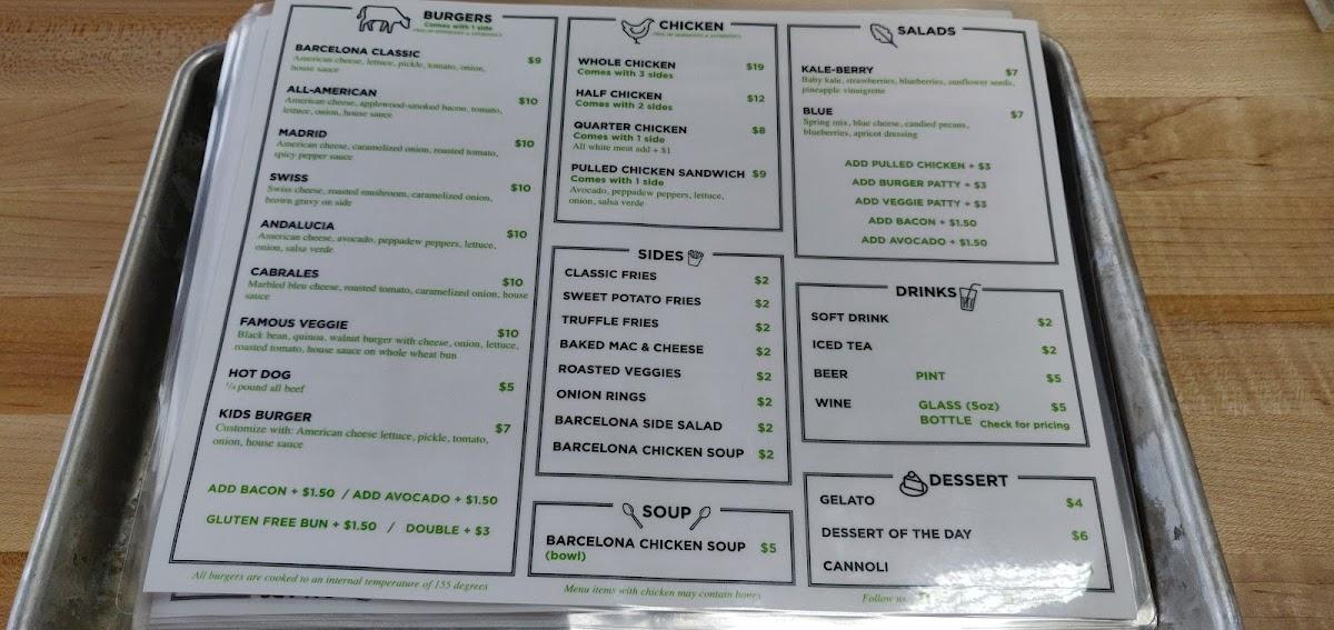 Menu at The Barcelona Burger And Beer Garden, Mooresville