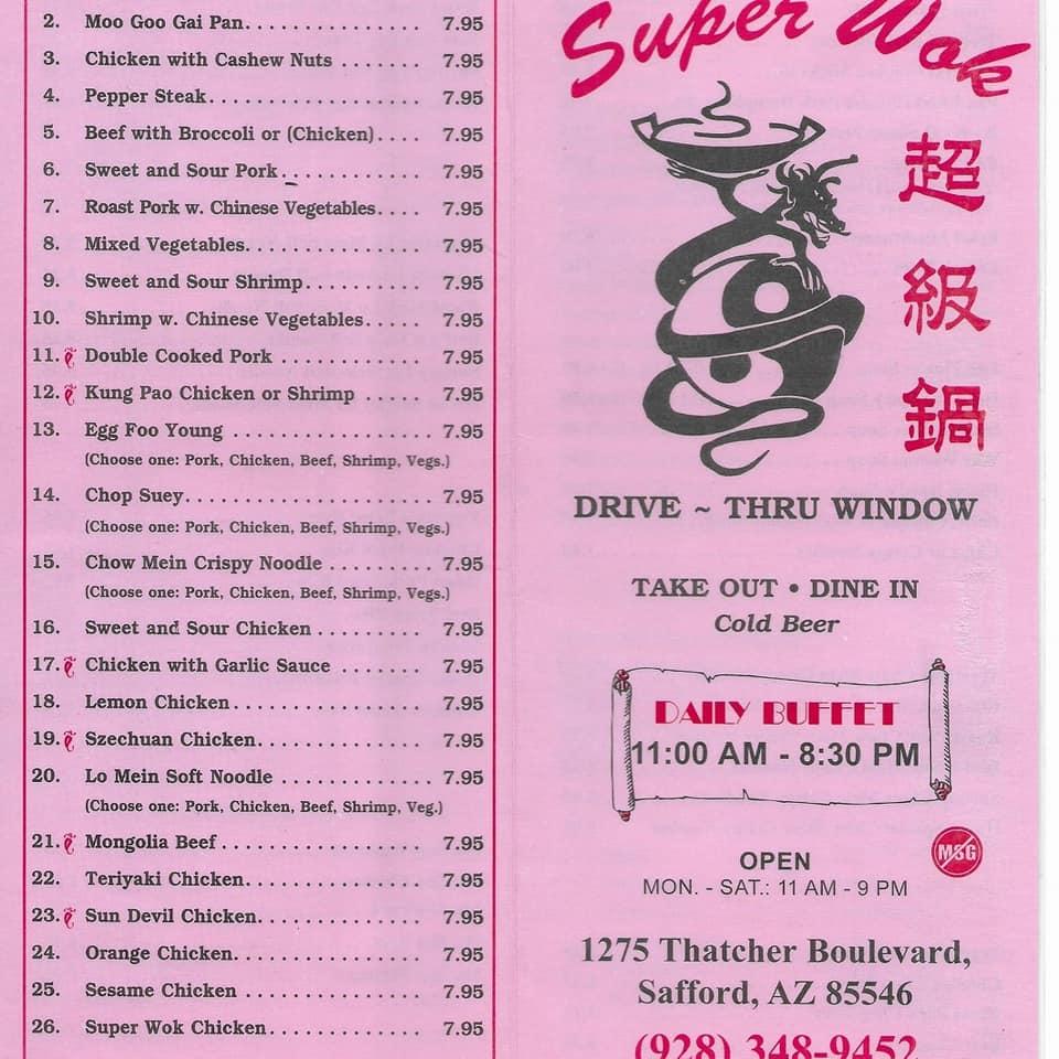 Menu at Super Wok restaurant, Safford