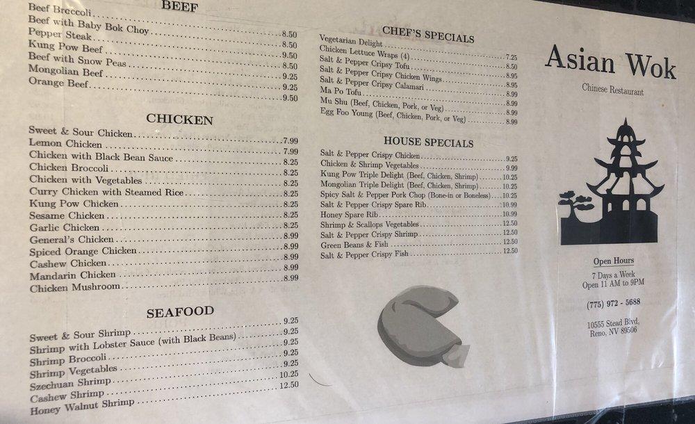 Menu at Asian Wok restaurant, Reno, Stead Blvd