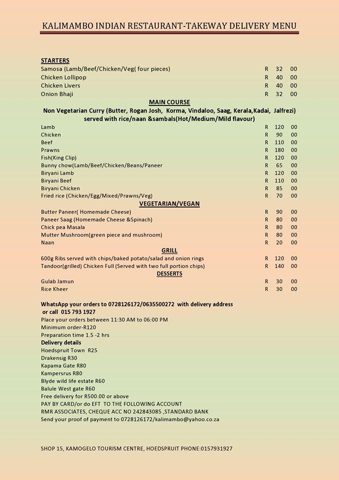 Menu at Kalimambo Pub, Indian Restaurant, and Grill, Hoedspruit