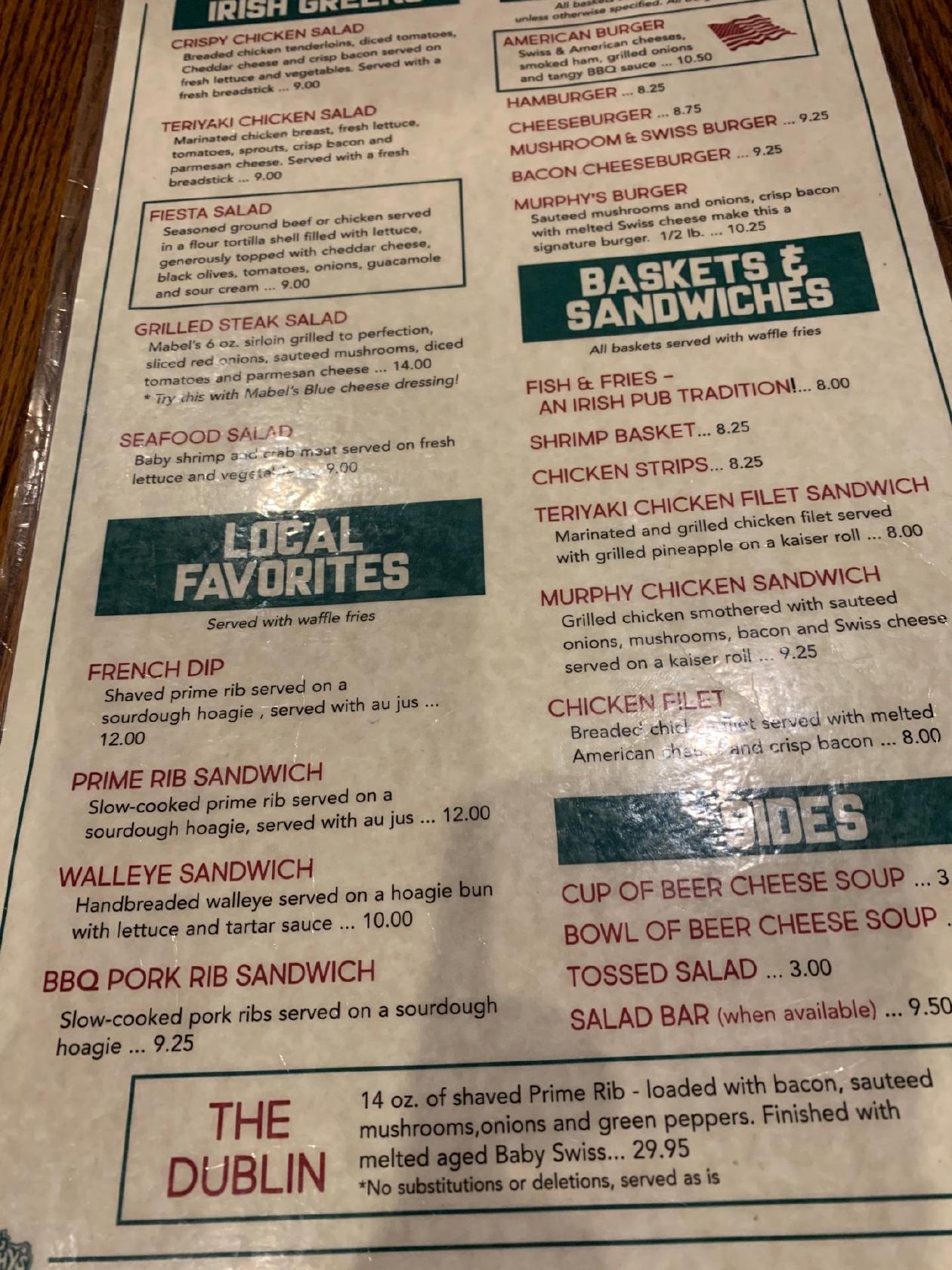 Menu at Mabel Murphy's pub & bar, Fergus Falls, MN-210
