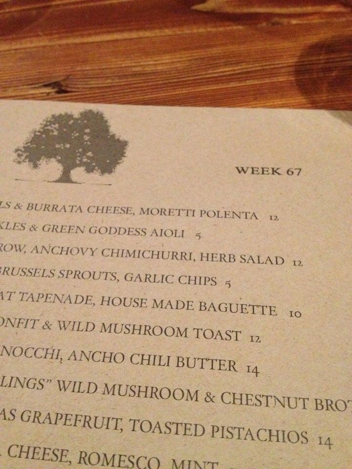 Menu at Oak restaurant, Boulder