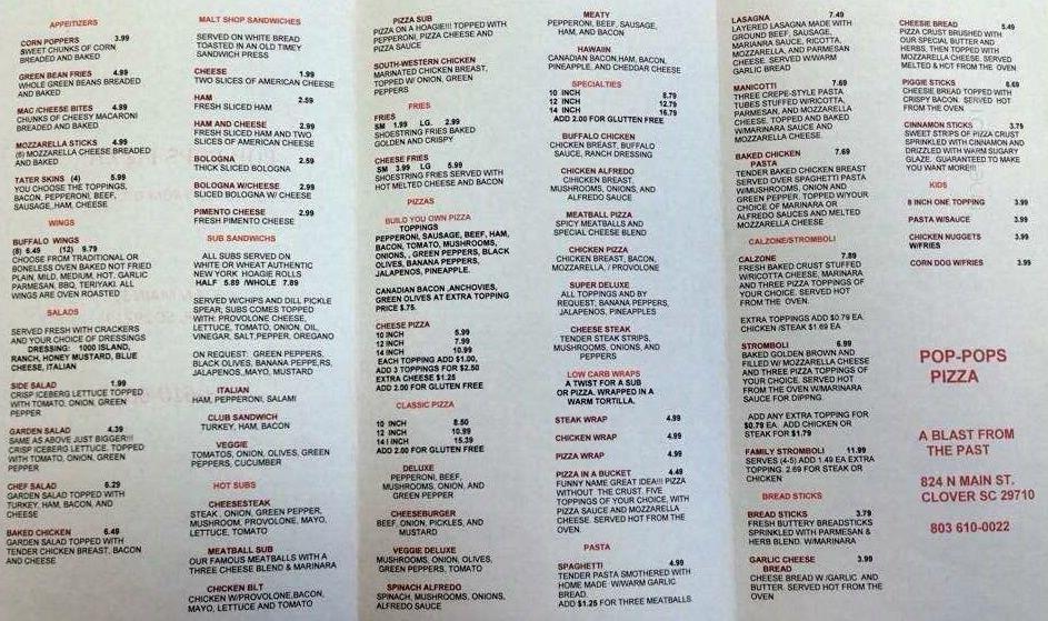 Menu at Pop Pops Pizza pizzeria, Clover