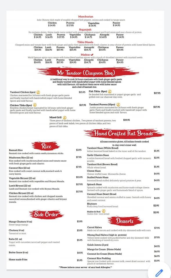 Menu at Royal Zayka Cuisine of India & buffet restaurant, Chilliwack