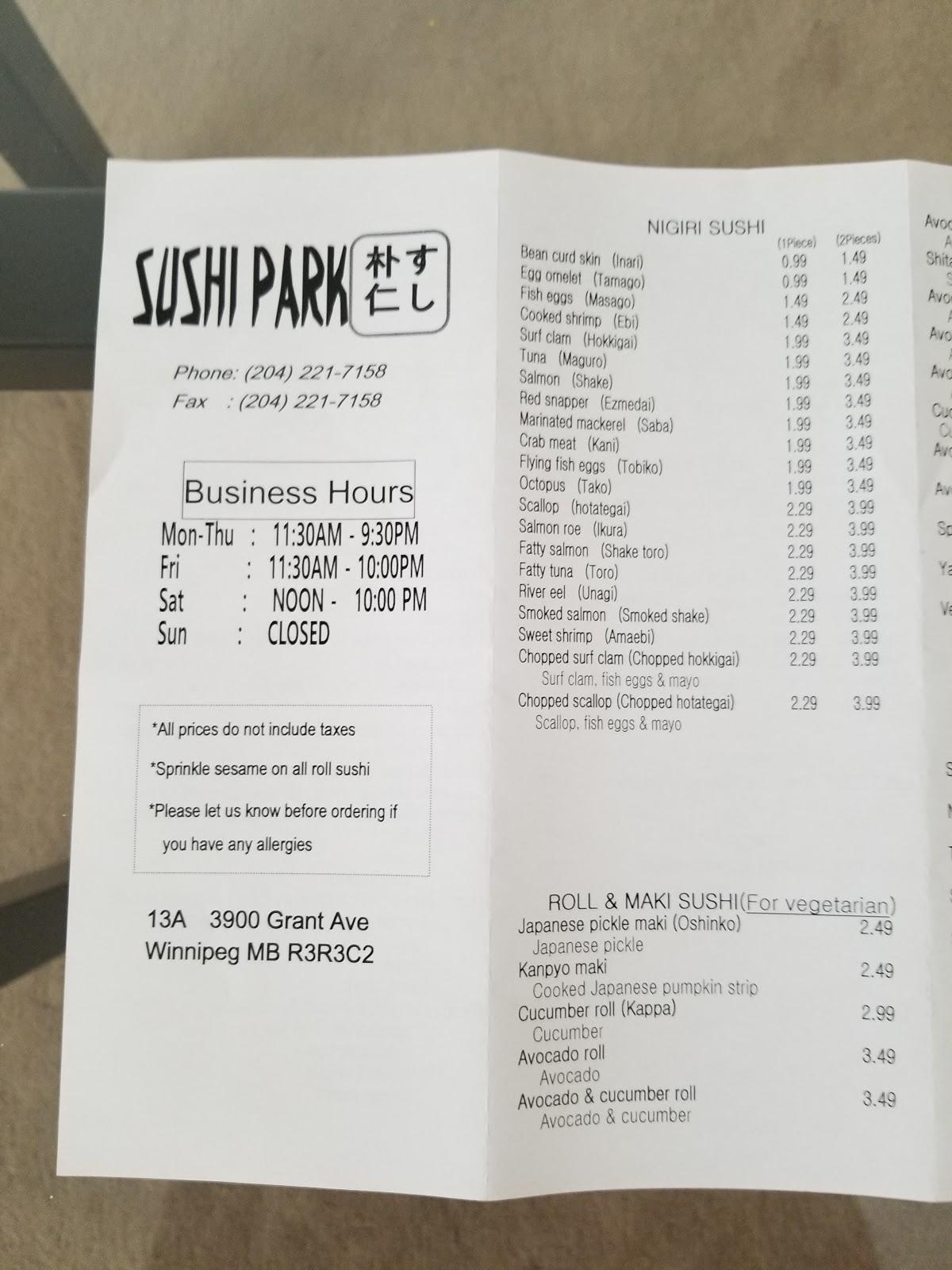 Menu at Sushi Park restaurant, Winnipeg