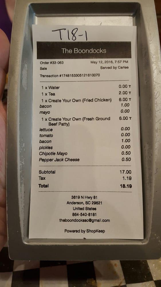Menu at The Boondocks restaurant, Anderson, North Highway 81 Iva