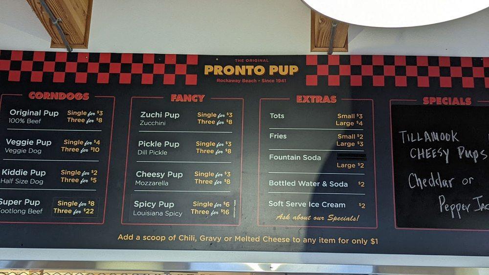 Menu at The Original Pronto Pup fast food, Rockaway Beach