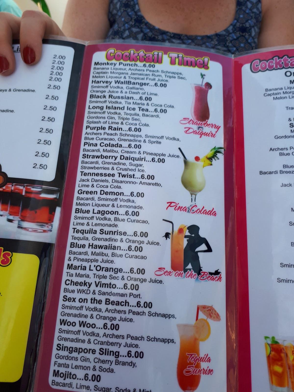 Menu at Bar The drunken monkey, Puerto del Carmen