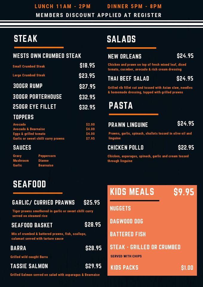 Menu at Wests Tigers Mackay restaurant, Walkerston