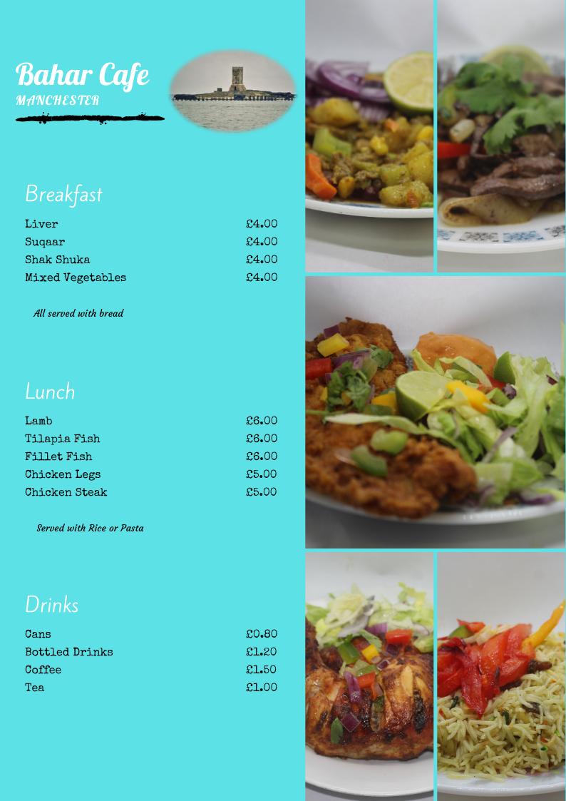 Menu at Bahar Cafe, Manchester