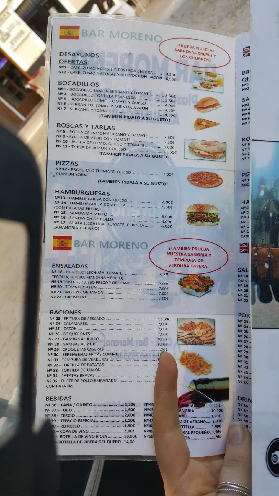 Menu at Bar Moreno, Almuñécar