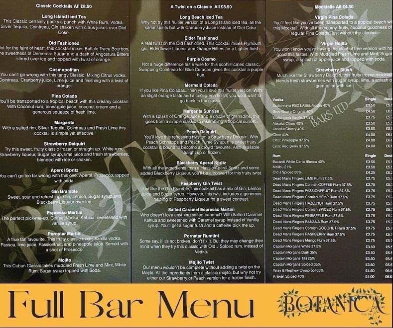 Menu at Botanica pub & bar, Cheltenham
