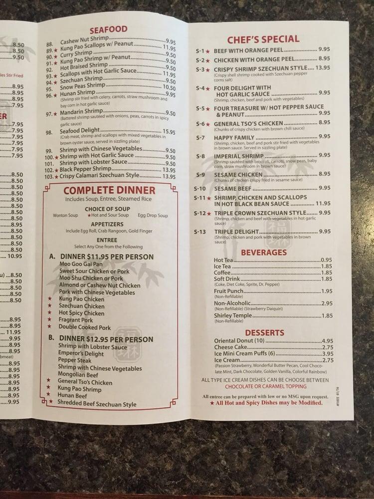 Menu at Fu lin Chinese restaurant, Little Rock