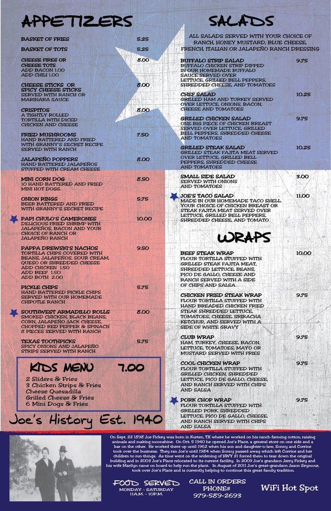Menu at Joe's Place pub & bar, Bryan, E State Hwy 21
