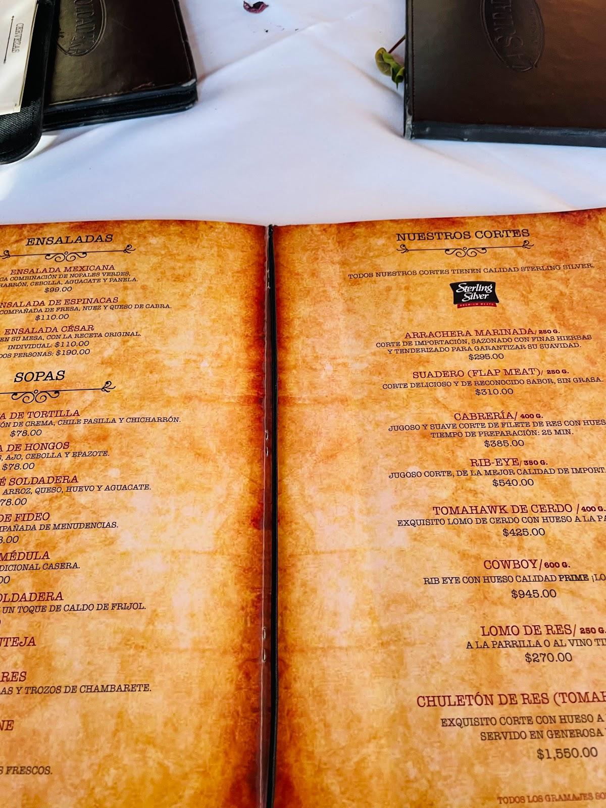 Menu at La Soldadera pub & bar, Mexico City