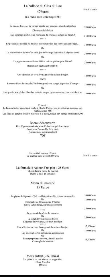 Menu at Le Clos du Lac restaurant, Margencel