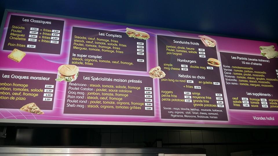 Menu at Mag Burger fast food, Perpignan