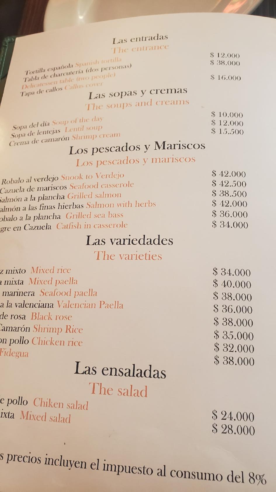 Carta de Restaurante Félix, Bogotá, Av Jimenez de Quesada # 4-80