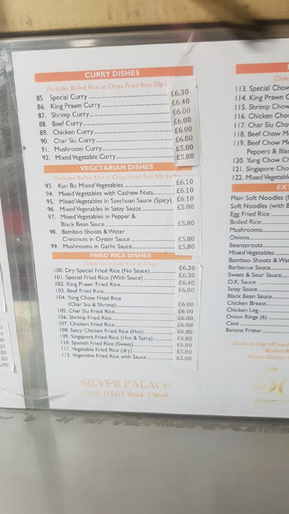 Menu at Silver Palace restaurant, Manchester, 22 Moss Rd
