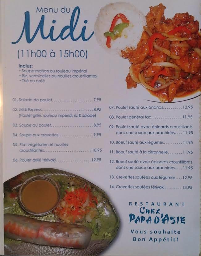 Menu au Chez Papa D'asie restaurant, Terrebonne