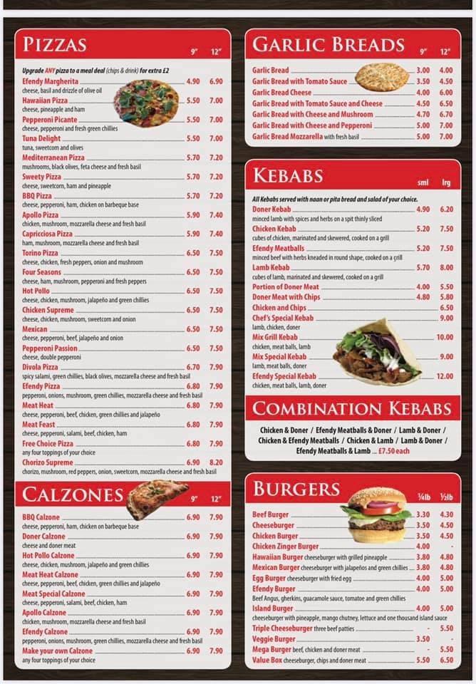 Menu at Efendy Pizzeria, Blackpool