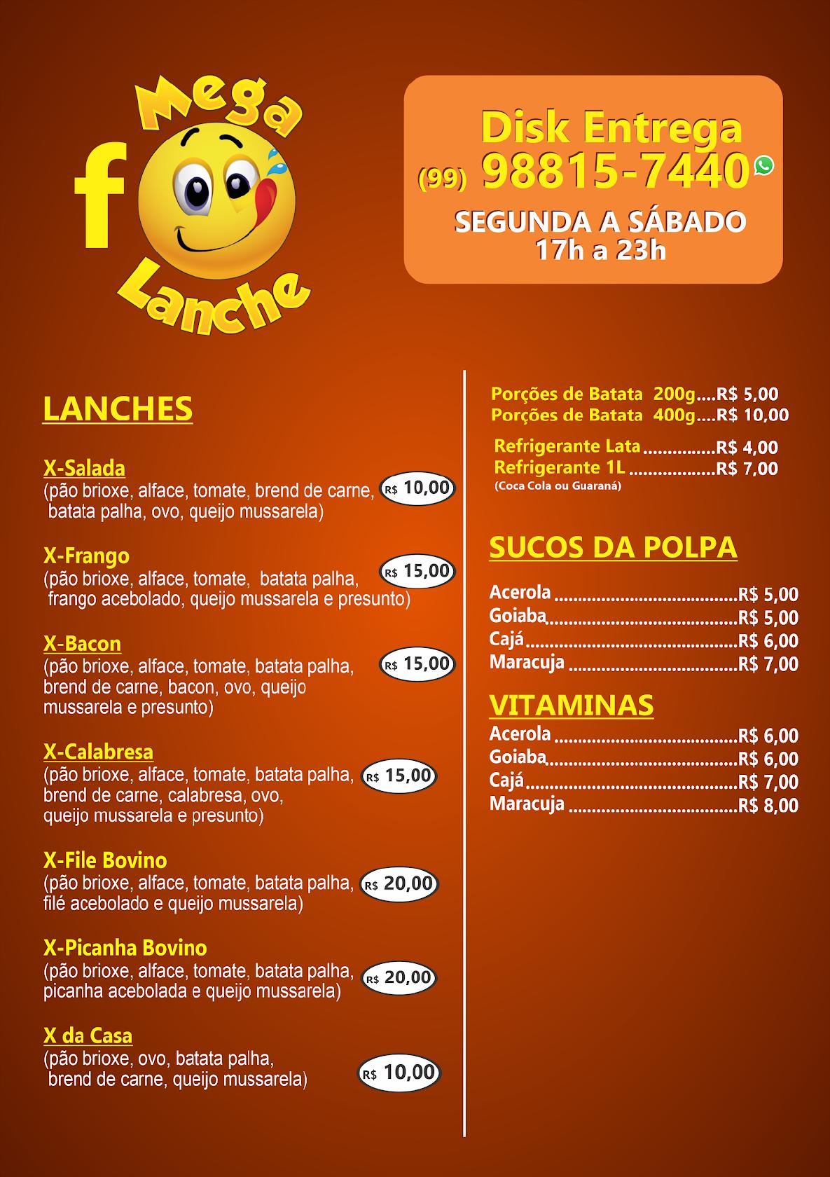 Menu at F MEGA LANCHE restaurant, Balsas, R. Luís Gomes