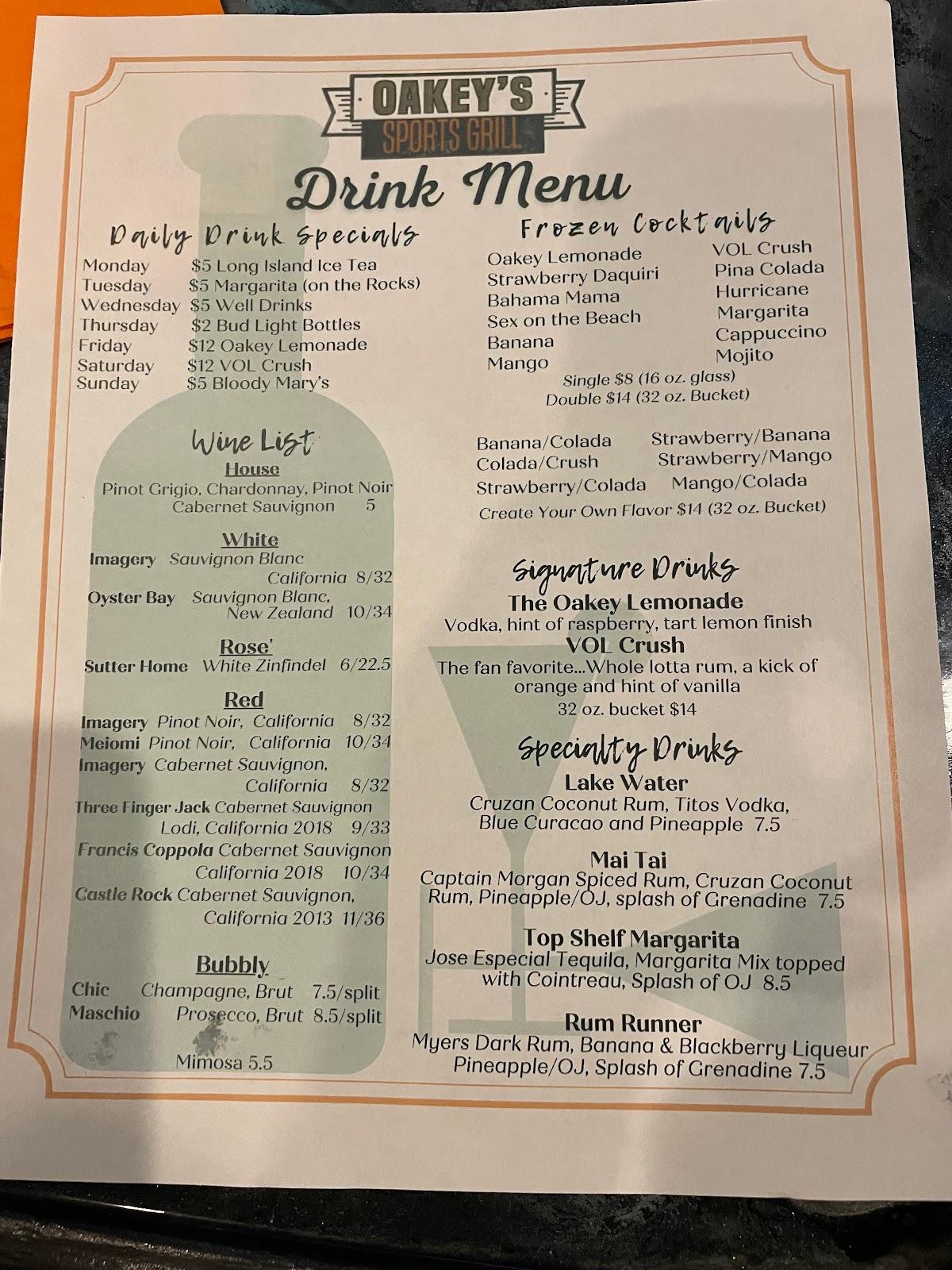 Menu at Oakey's Sports Grill pub & bar, Oak Ridge