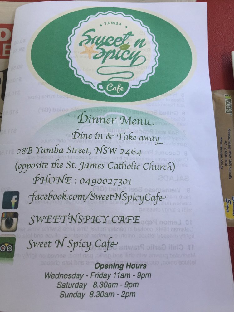 Menu at Sweet N Spicy cafe, Yamba