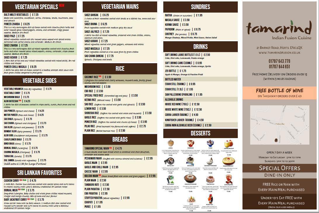 Menu at Tamarind restaurant, Potters Bar