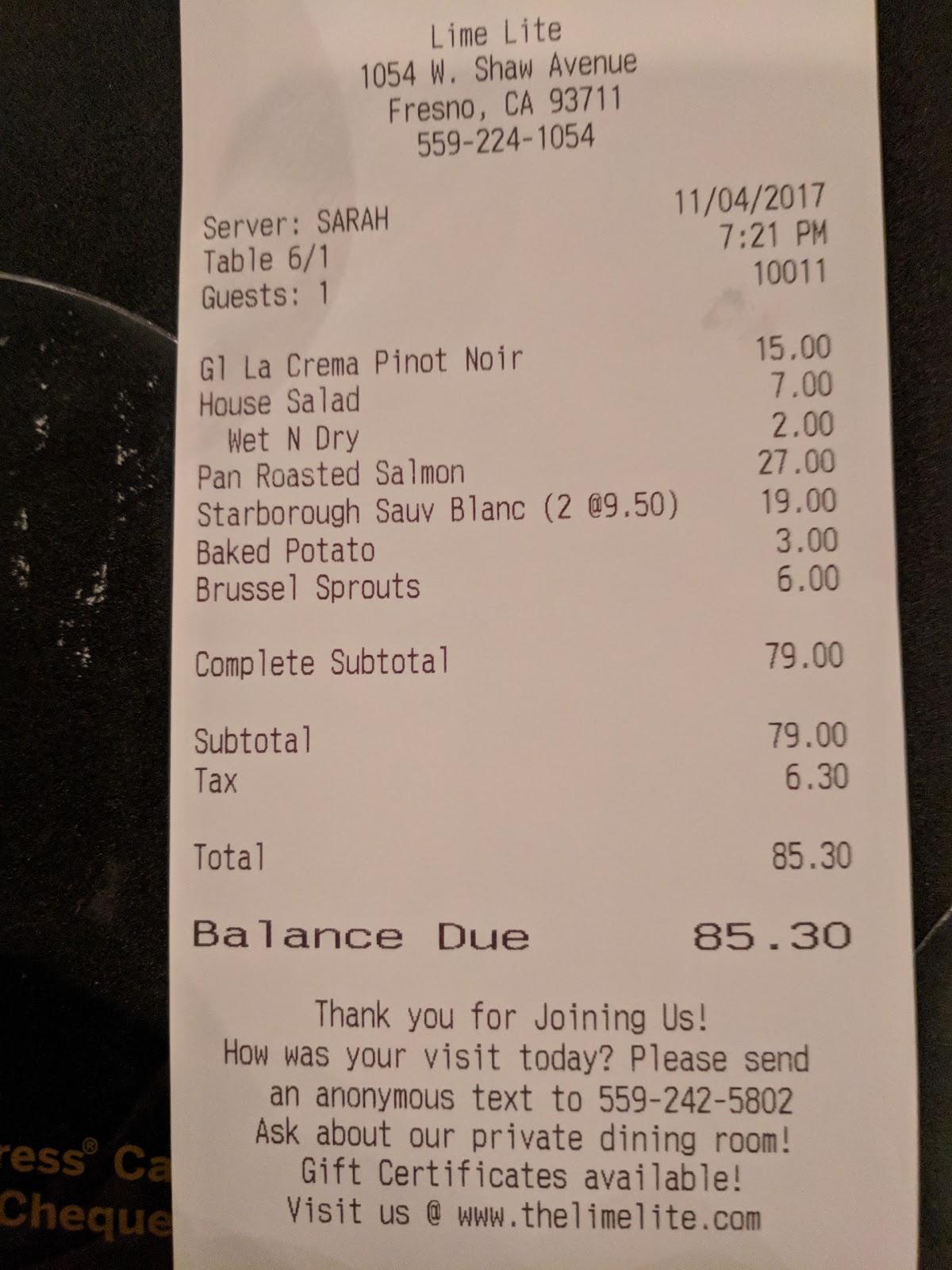 Menu at The Lime Lite restaurant, Fresno