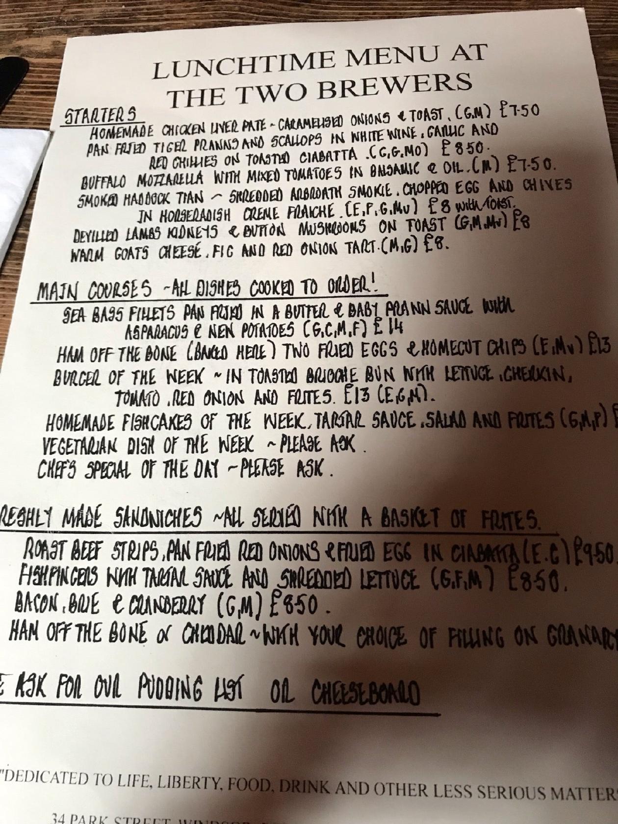 Menu at The Two Brewers pub & bar, Windsor