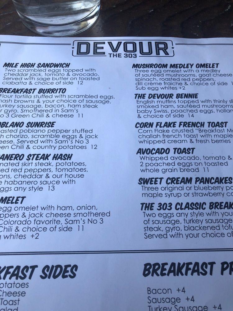 Menu at Devour The 303 restaurant, Denver