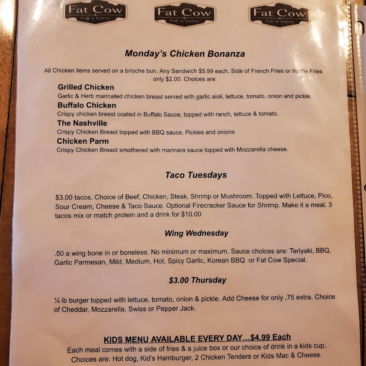 Menu at Fat Cow pub & bar, Sheboygan Falls