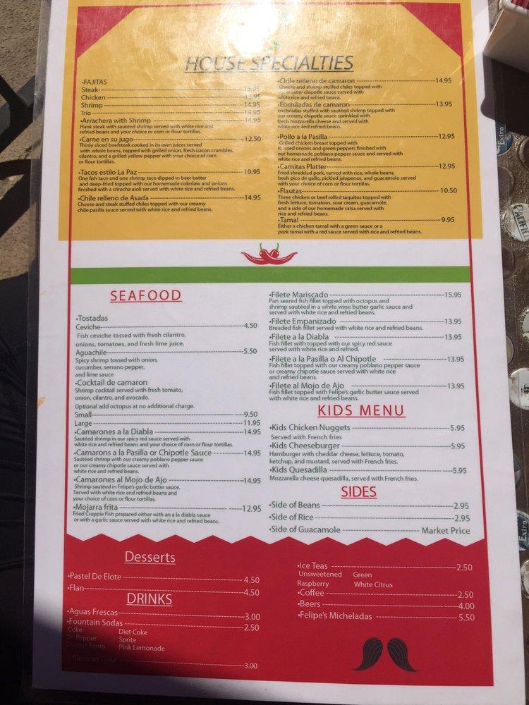 Menu at Felipe's Palm Springs restaurant, Palm Springs