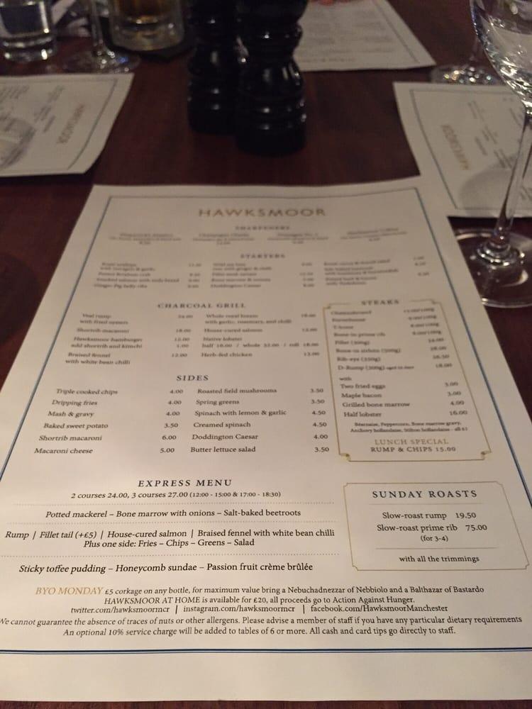 Menu at Hawksmoor Manchester steakhouse, Manchester