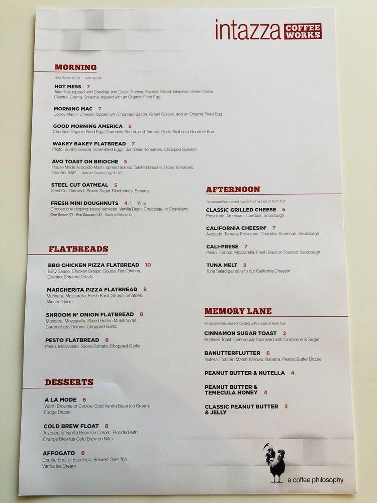 Menu at Intazza Coffee Works cafe, Murrieta, Sky Canyon Dr Bldg B