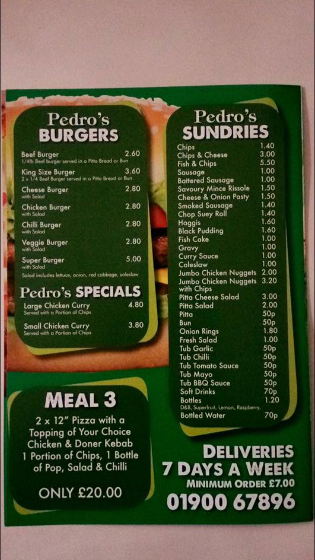 Menu at Pedro's Workington fast food, Workington