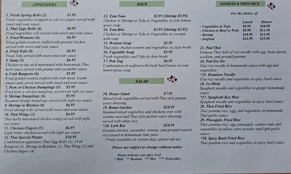 Menu at Thai Place restaurant, Windham