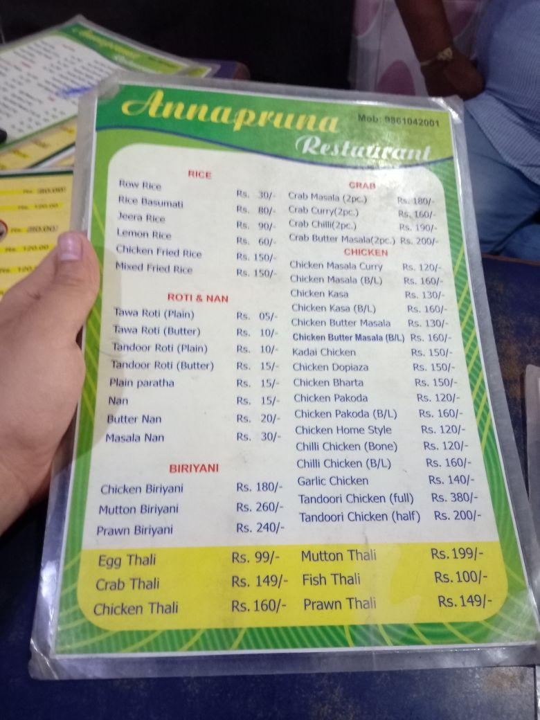 Menu at Annapurna Restaurant, Puri, RR2F+XHR