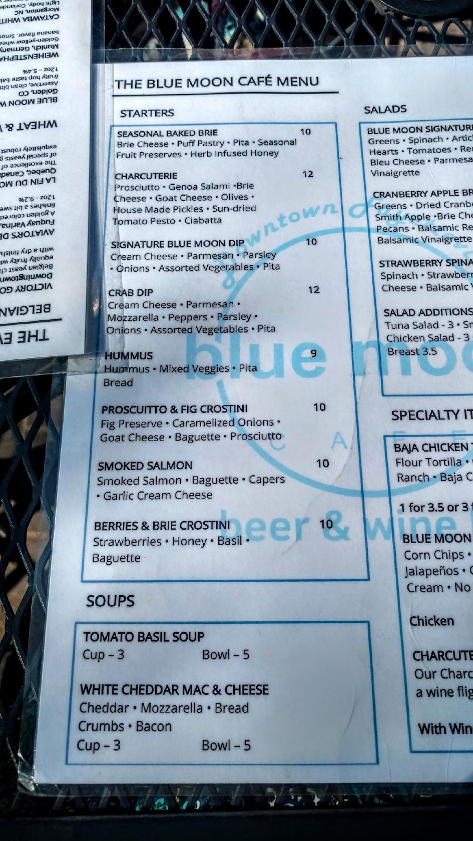 Menu at Blue Moon Cafe, Fayetteville