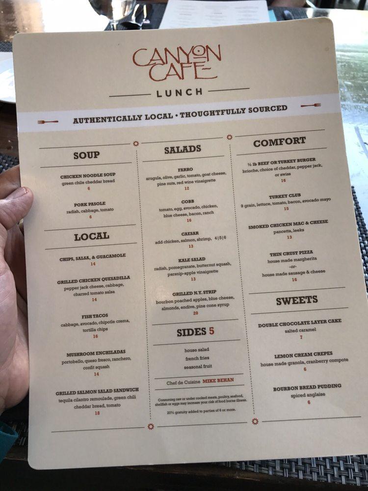 Menu at The Canyon Club, Tucson