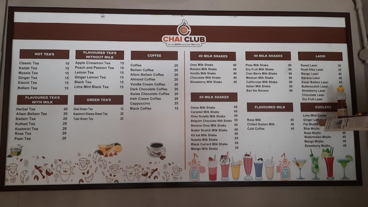 Menu at Chai club julywada, Hanamkonda
