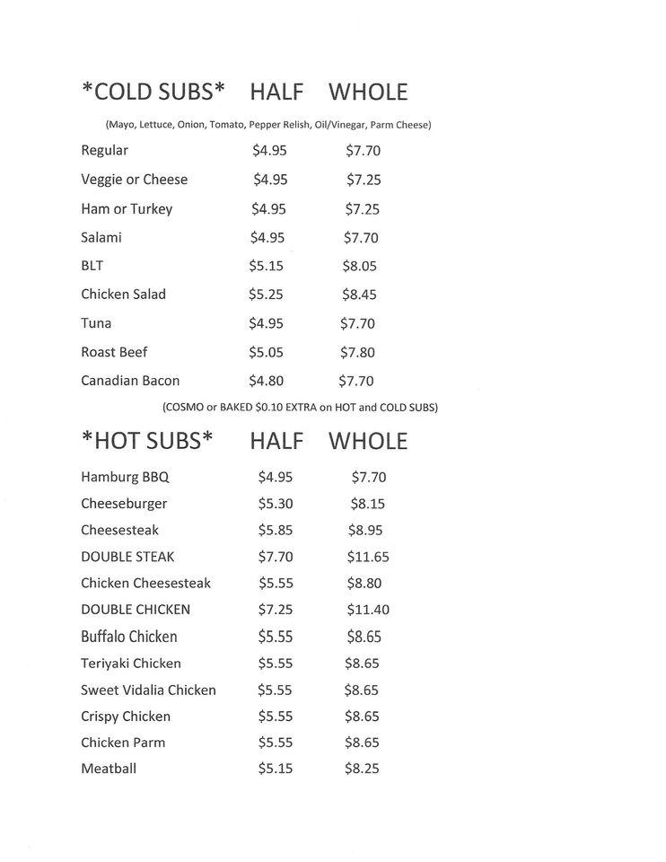 Menu at Halls Station Sub Shop restaurant, Muncy